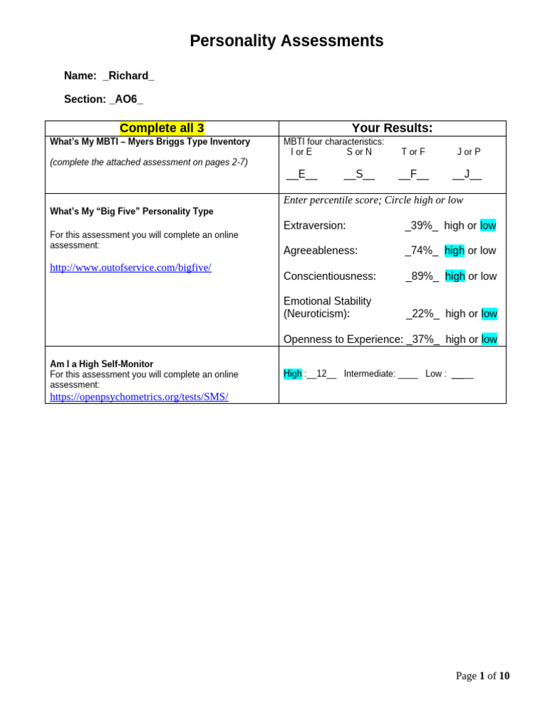 Personality Inventory Assessment Package Fall 2024 | PDF | Extraversion ...