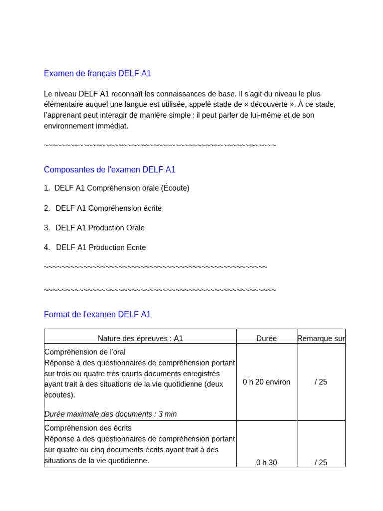 Examen DELF A1 : Guide Complet | PDF | Pronom | Phrase