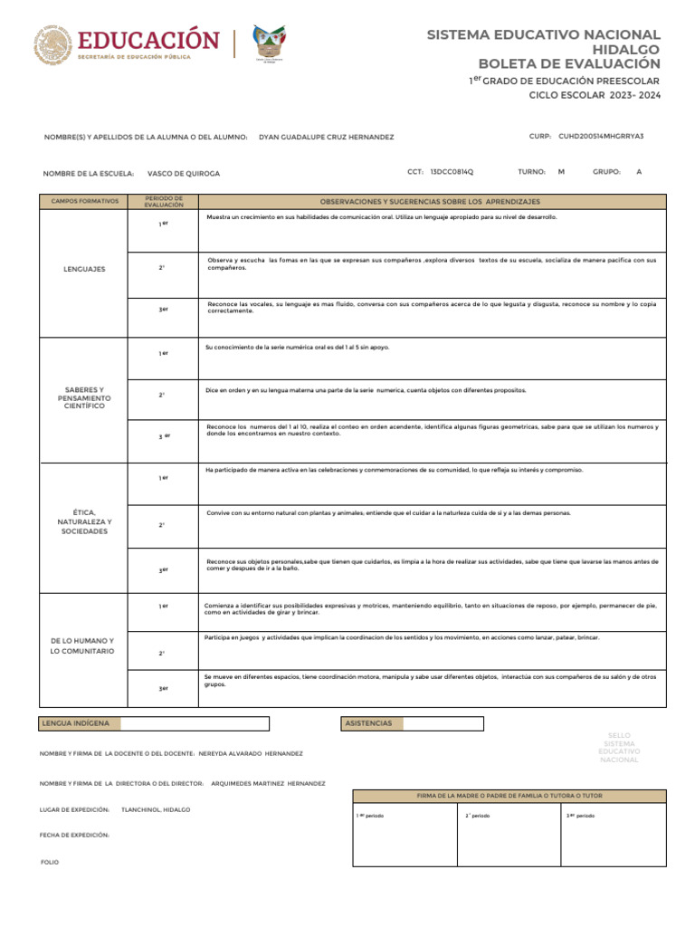 Boletas de Evaluación Preescolar 2023-2024 | PDF | Educación de la ...