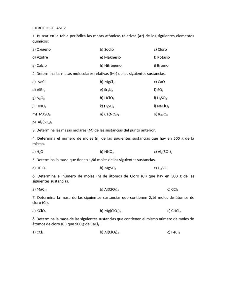 Ejercicios de Química: Masas y Moles | PDF