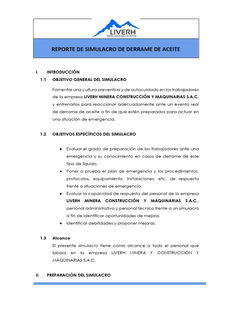 Reporte de Simulacro de Derrame de Aceite | PDF