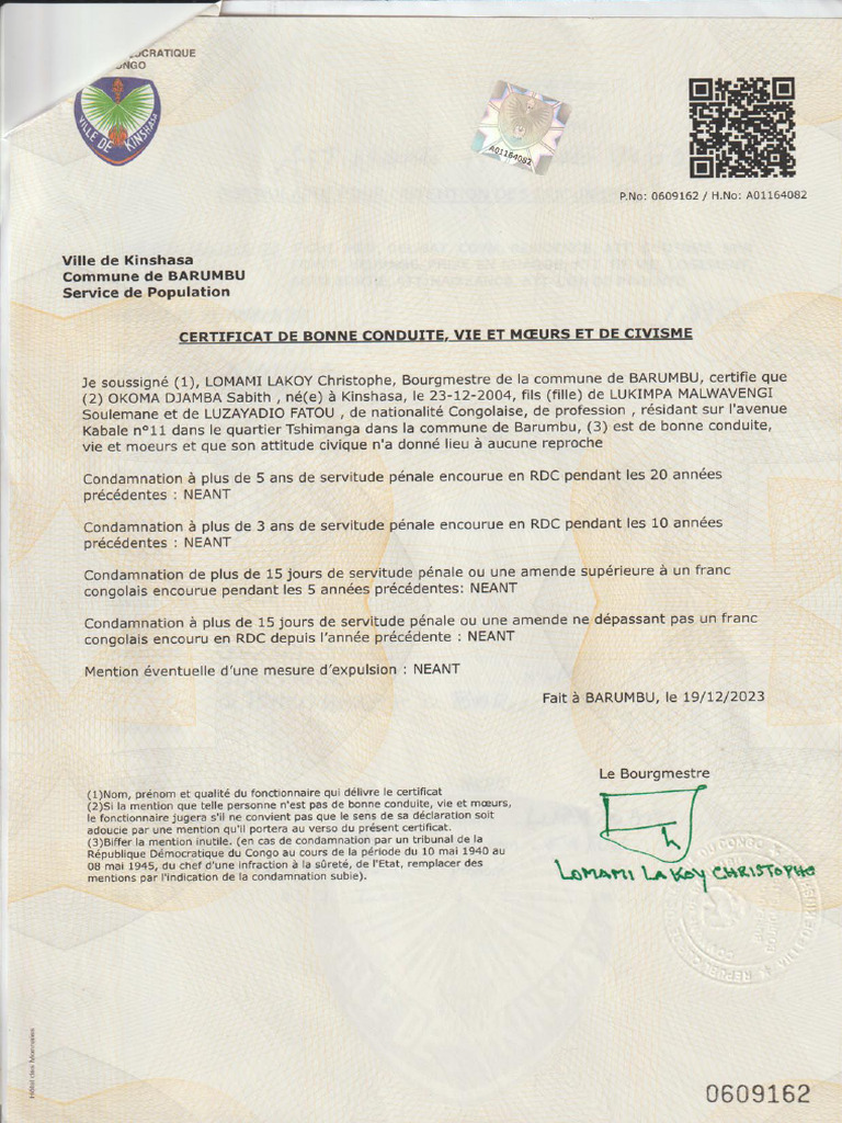 Attestation de Bonne Vie Et Moeurs OKOMA | PDF