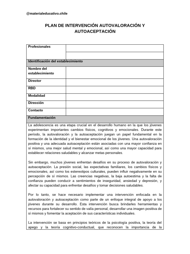 INTERVENCIÓN OBJETIVOS AUTOVALORACIÓN Y AUTOACEPTACIÓN | PDF | Las ...