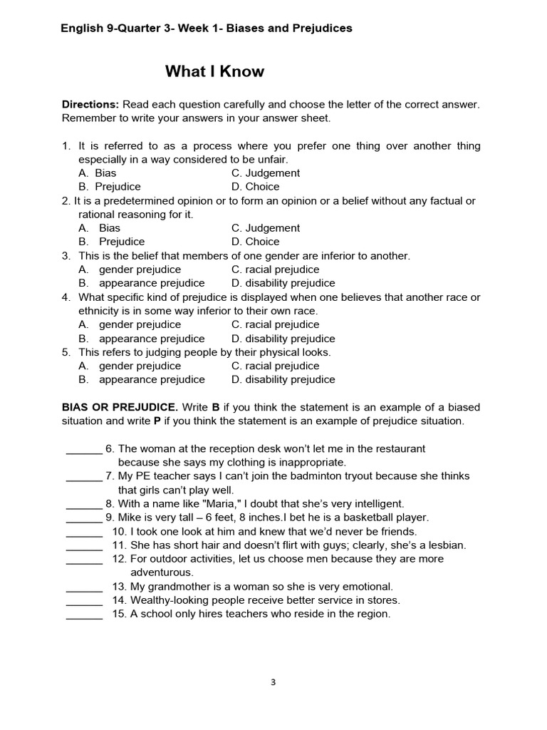 Eng9-Q3-W1-Biases-and-Prejudices | PDF | Bias | Prejudices