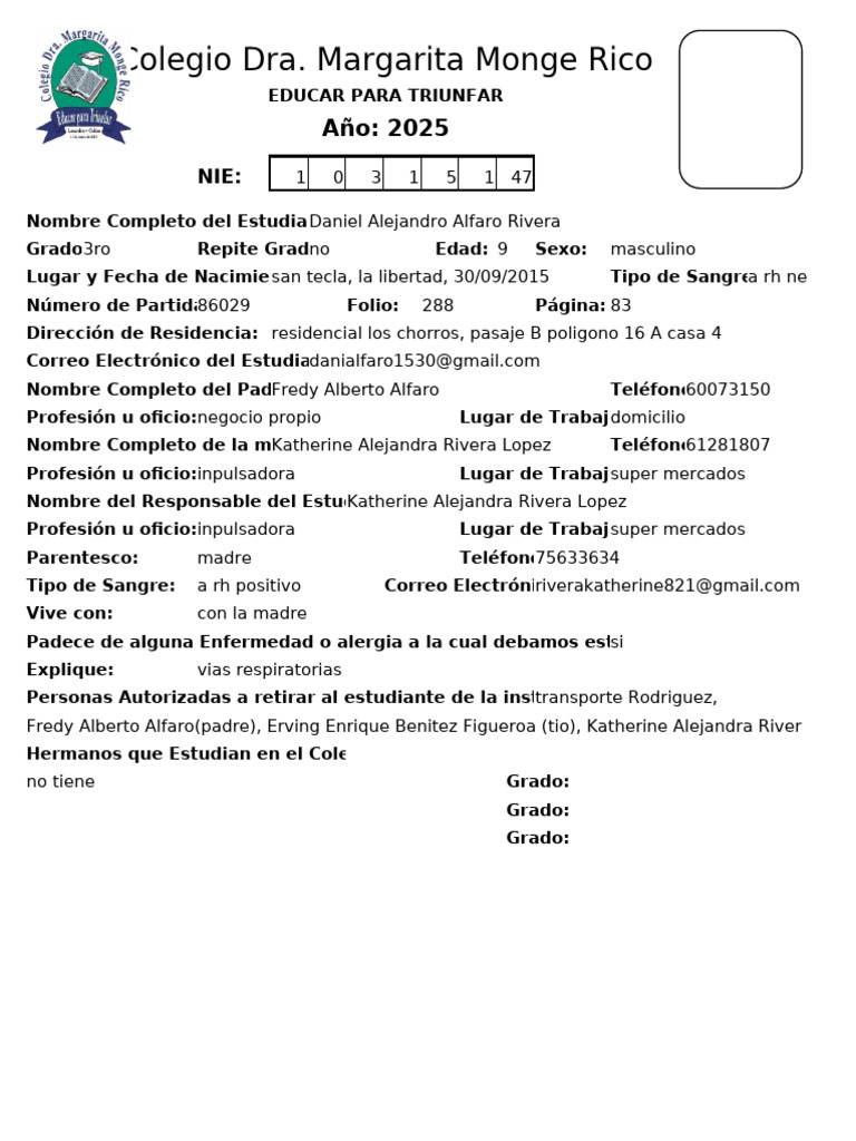 Ficha de Estudiante para Record | PDF