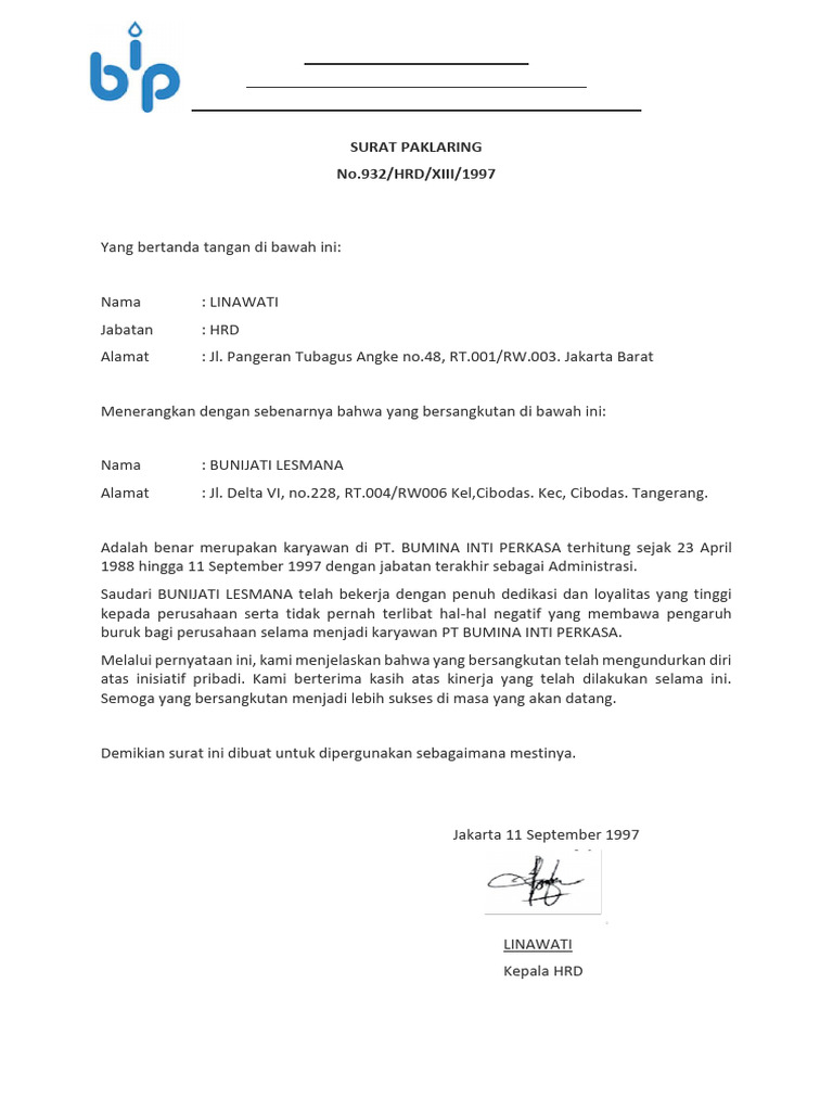 Surat Paklaring Karyawan BUNIJATI LESMANA | PDF