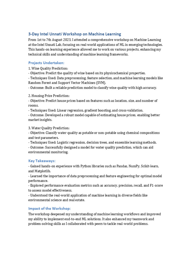 Intel Unnati Workshop Report | PDF