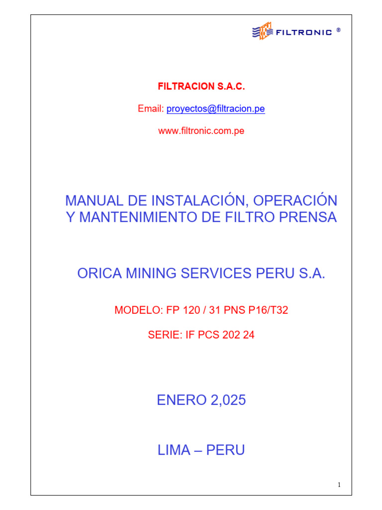 MANUAL OPERACION Y MANTENIMIENTO - FILTRO PRENSA 1200 X 31 V1 | PDF | Filtración
