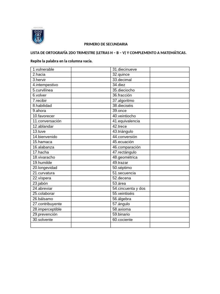 Lista de Ortografía 2do Trimestre | PDF