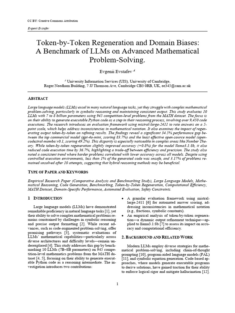 Token-by-Token Regeneration and Domain Biases - A Benchmark of LLMs On Advanced Mathematical ...
