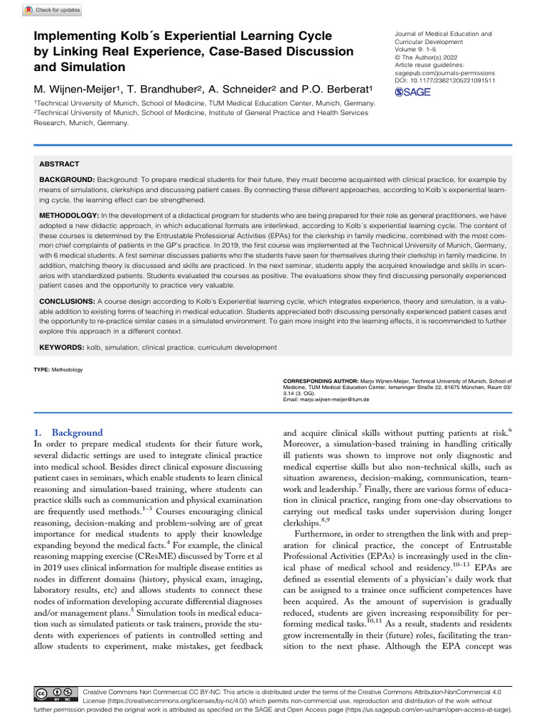 Wijnen Meijer Et Al 2022 Implementing Kolb ́s Experiential Learning Cycle by Linking Real ...