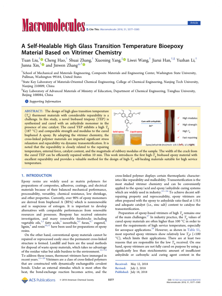 A Self-Healable High Glass Transition Temperature Bioepoxy Material Based On Vitrimer Chemistry ...