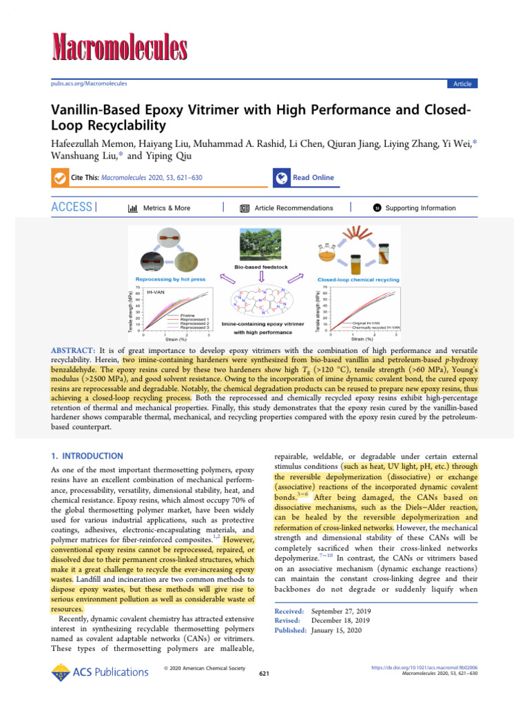 Vanillin-Based Epoxy Vitrimer With High Performance and ClosedLoop ...