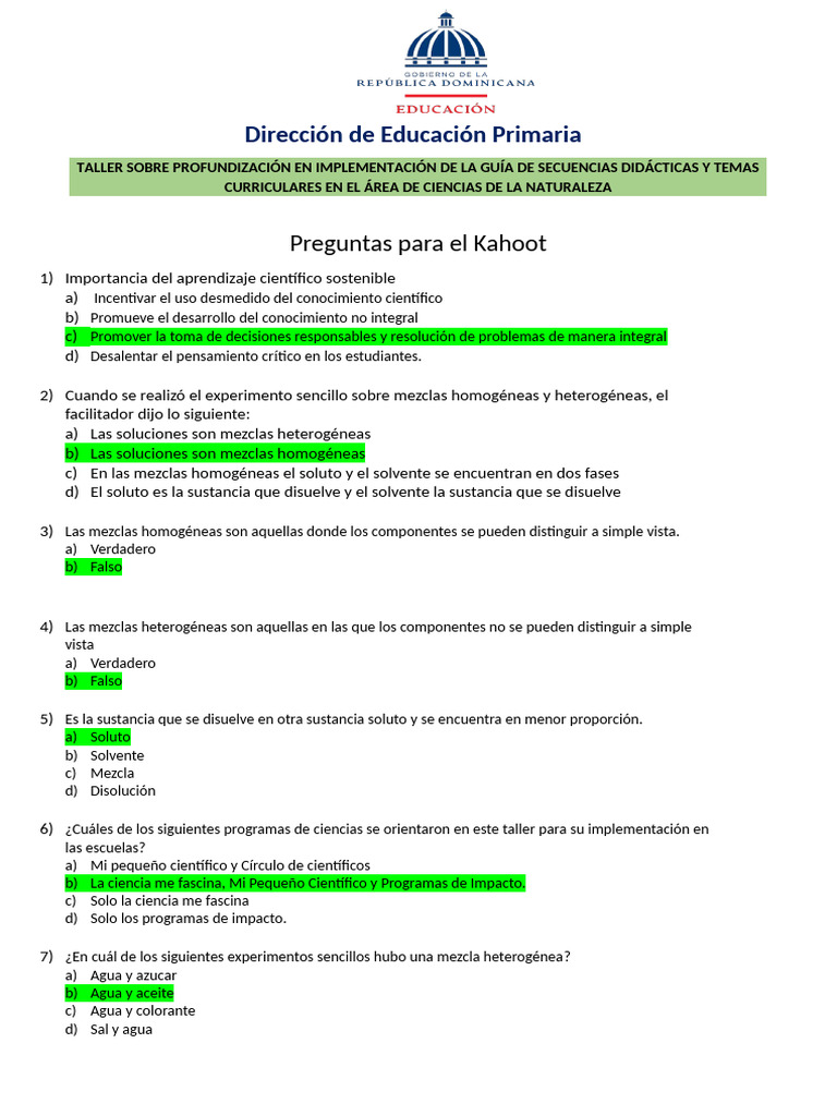 Preguntas Kahoot Taller de Ciencias | PDF