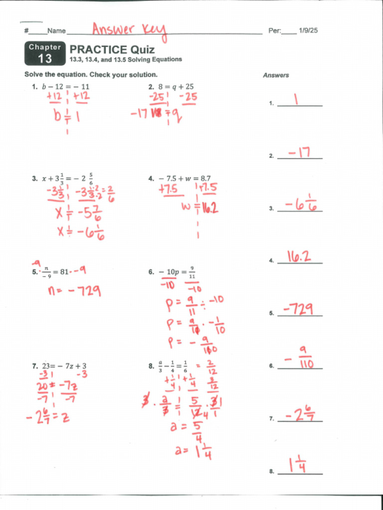 Math 6 ACC Ch. 13 Solving Equations Practice Quiz ANSWERS | PDF