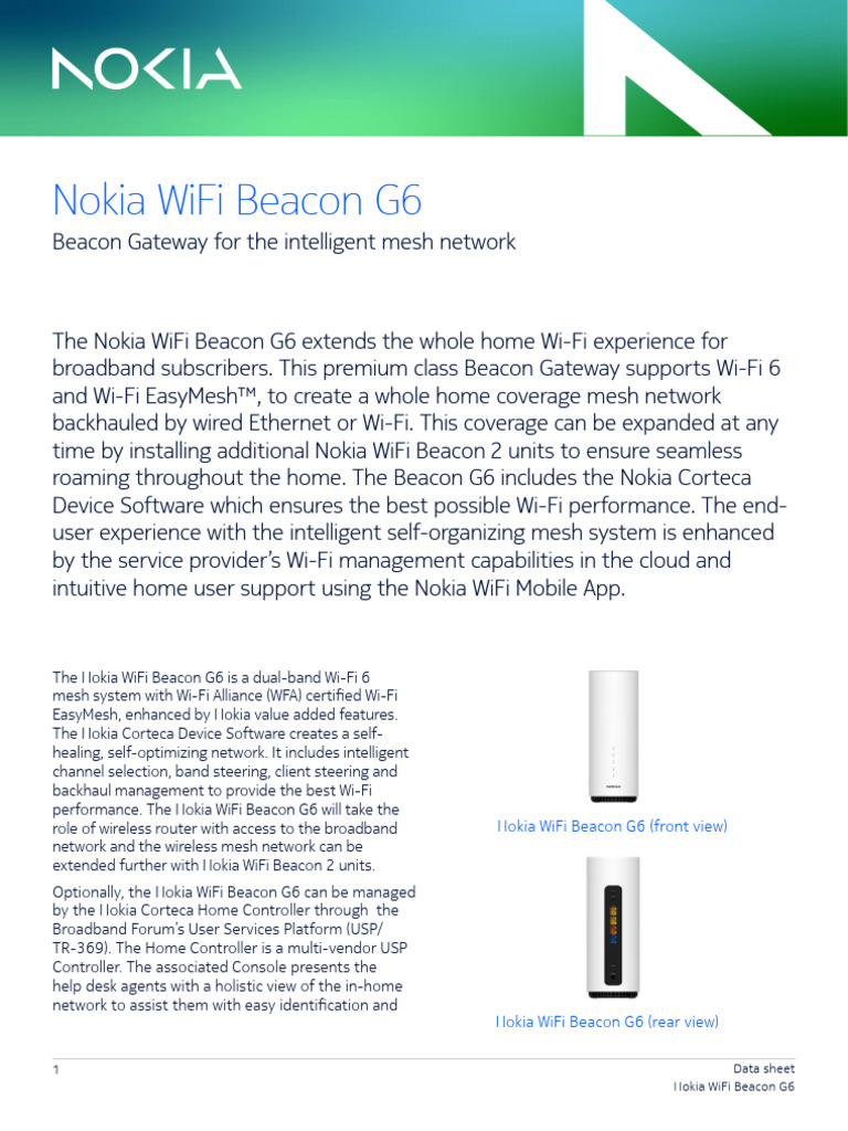 Nokia WiFi Beacon G6 Datasheet Data Sheet EN | PDF | Wi Fi | Wireless Lan