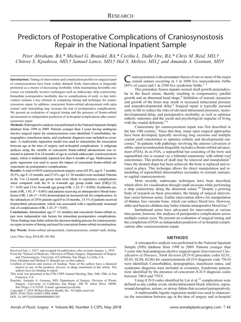 Predictors of Postoperative Complications of Craniosynostosis Repair in ...