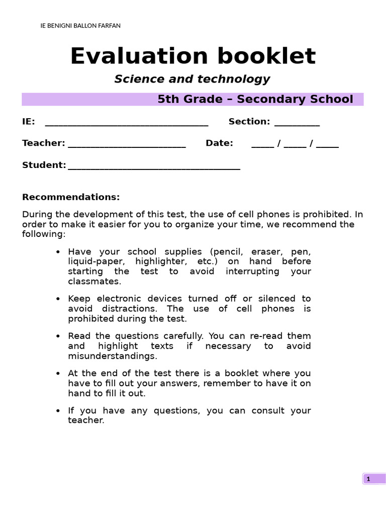 5th Grade Assessment - Science and Technology (With Answers) 2024 | PDF ...