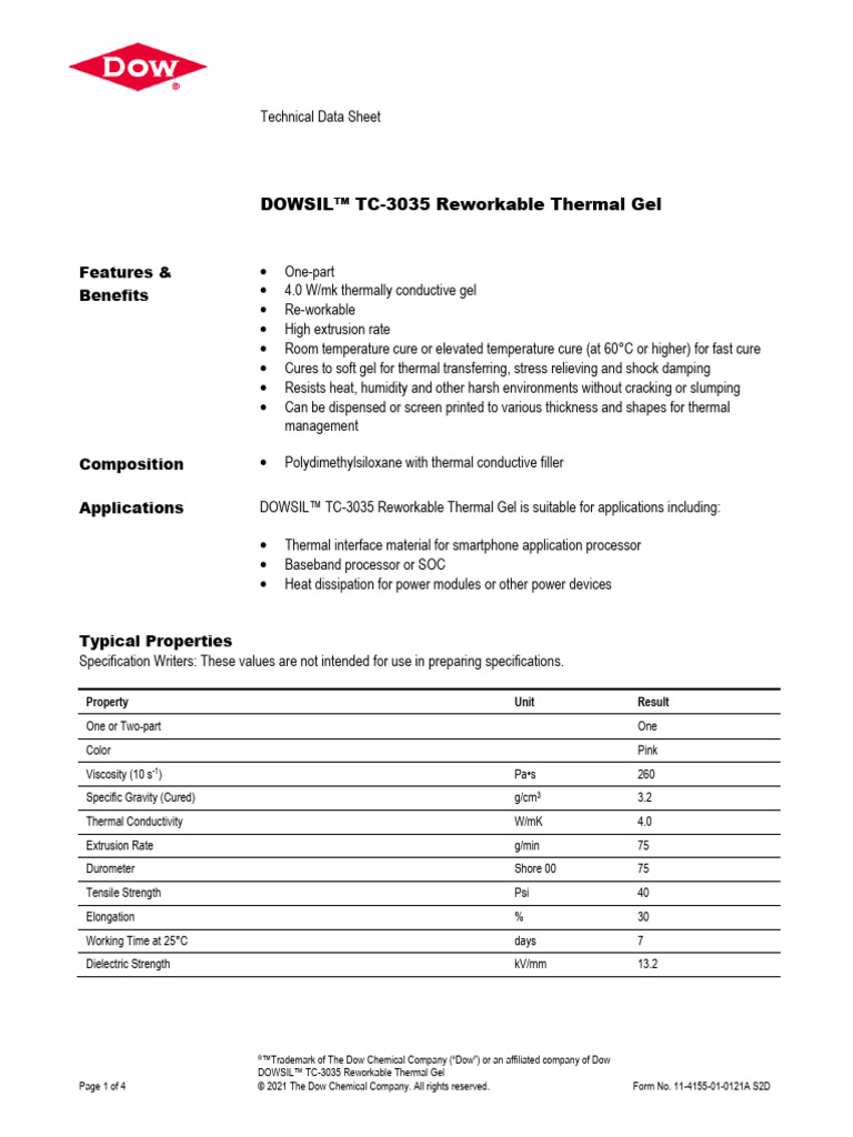Dowsil TC-3035 Reworkable Thermal Gel | PDF | Materials Science | Secondary Sector Of The Economy