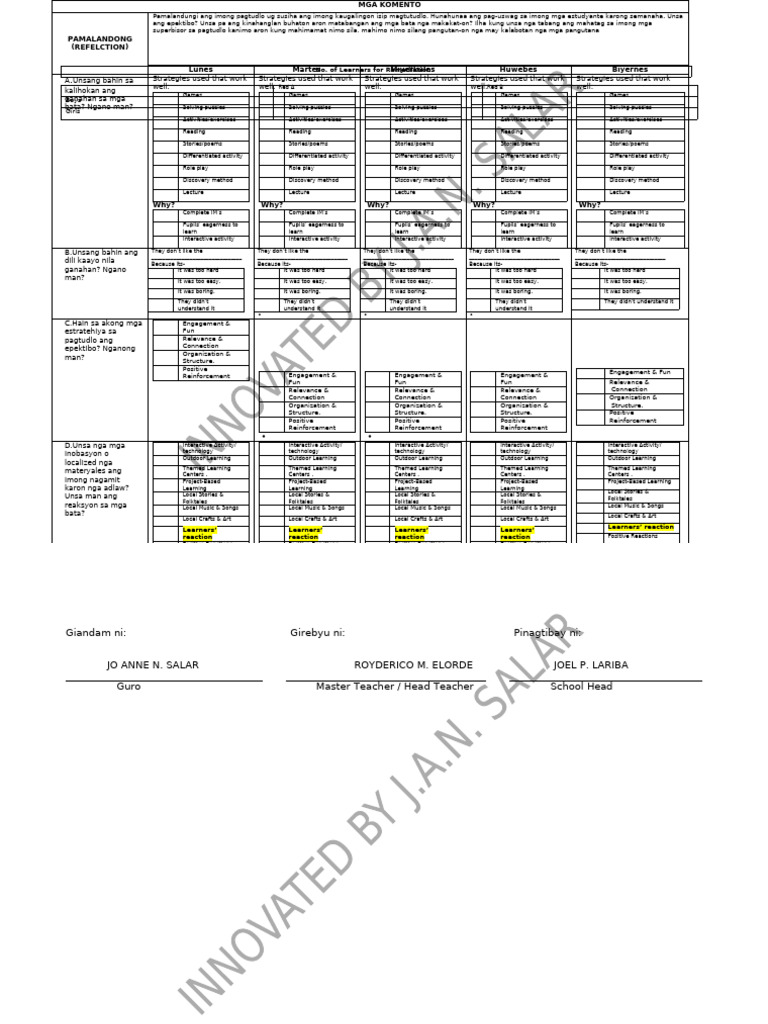 Matatag Reflection Checklist | PDF | Learning | Teaching