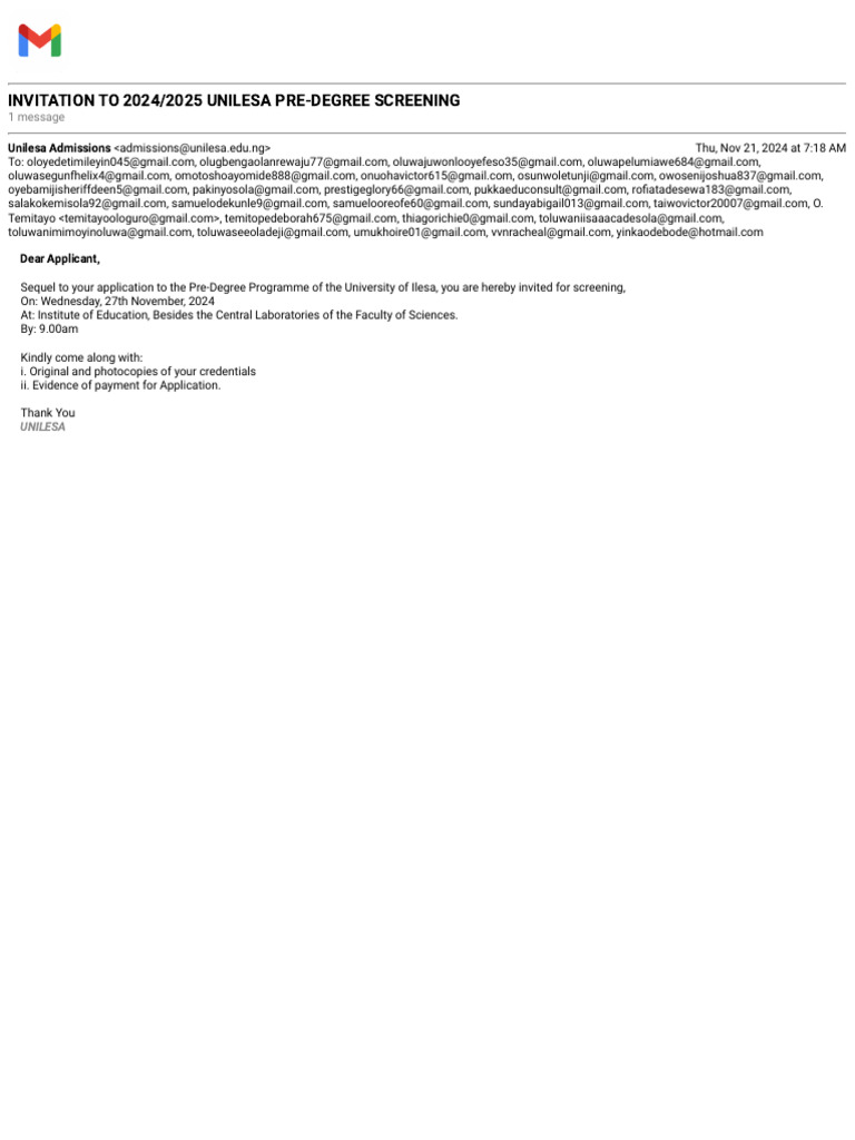 UNILESA Pre-Degree Screening Invite | PDF