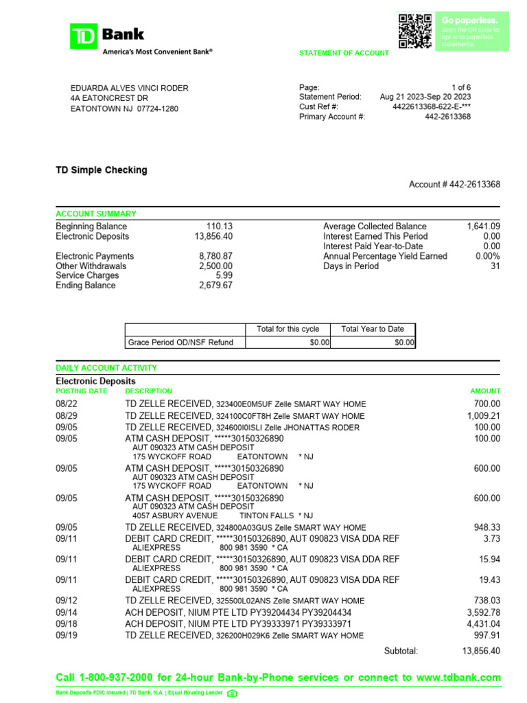 TD Bank Account Statement Summary | PDF | Banks | Overdraft