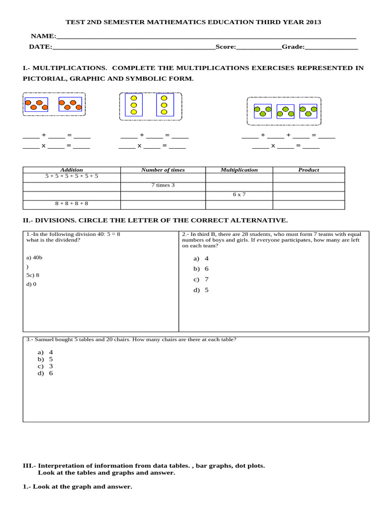 Test 2nd Semester Mathematics Education Third Grade | PDF | Mathematics
