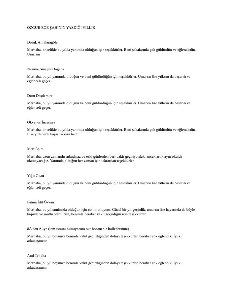 Ozgur Ege Sahinin Yazdigi Yillik | PDF