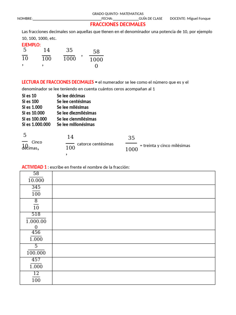 Fracciones Decimales para Quinto Grado | PDF | Objetos matemáticos ...