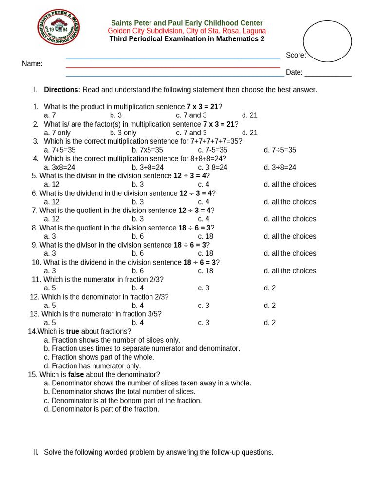 Math 2 Periodical Examination | PDF | Division (Mathematics) | Numbers