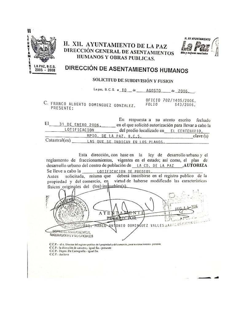 Oficio de Autorizacion de Subdivision | PDF