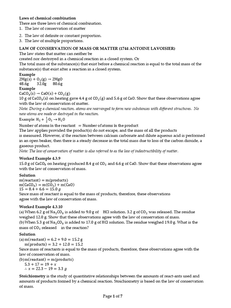 Laws of Chemical Combination | PDF | Stoichiometry | Chemical Substances