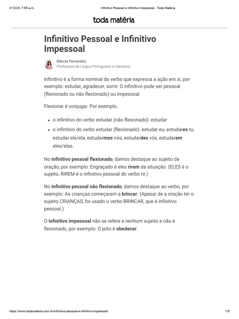 Diferenças entre Infinitivo Pessoal e Impessoal | PDF | Assunto ...