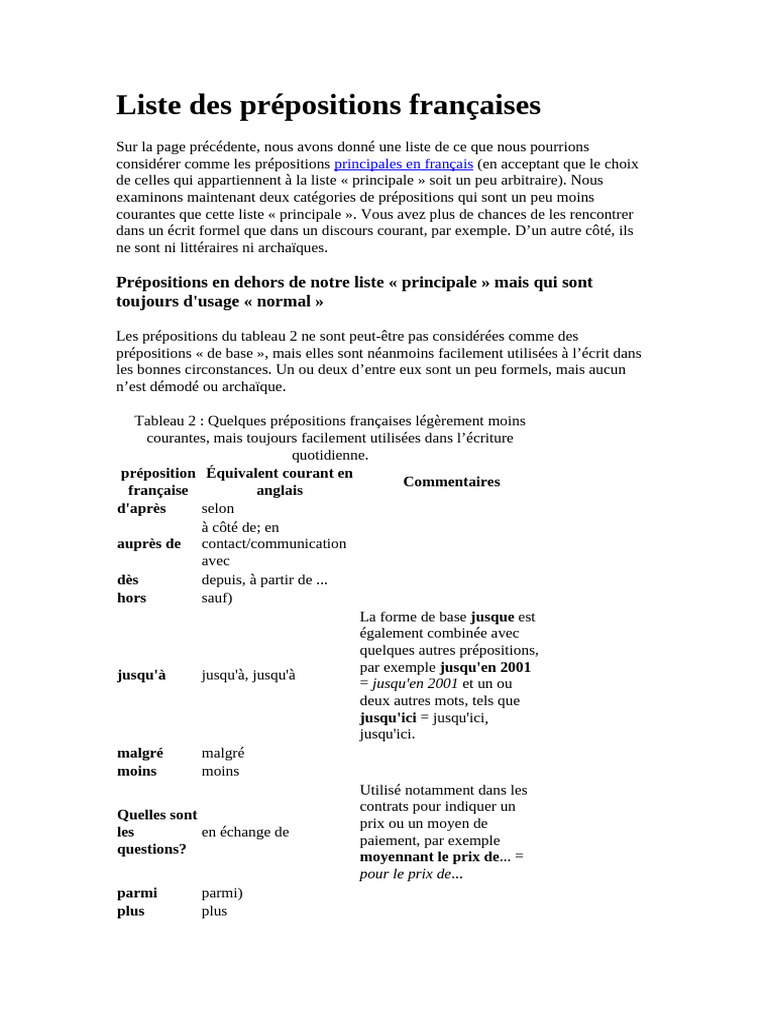 Liste des prépositions françaises | PDF | Langue française | Langue ...