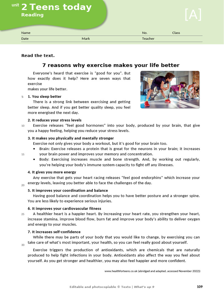 Unit 2 Reading - Teens Today (A) Pages 109-110 | PDF | Physical Fitness ...