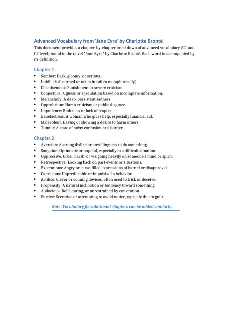 Jane Eyre Vocabulary | PDF