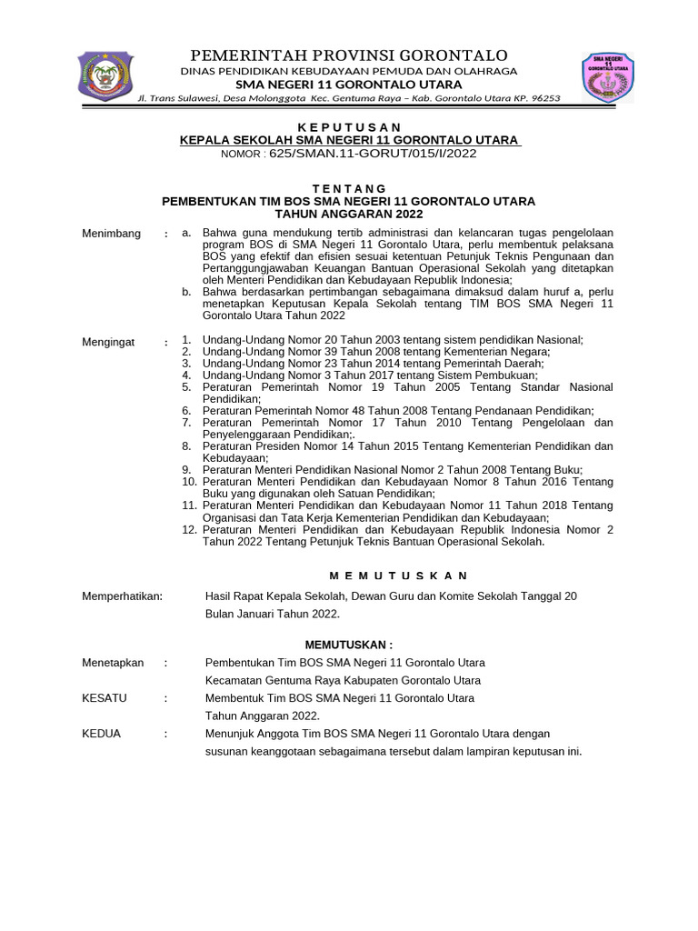 Pembentukan Tim BOS SMA 11 Gorontalo Utara | PDF