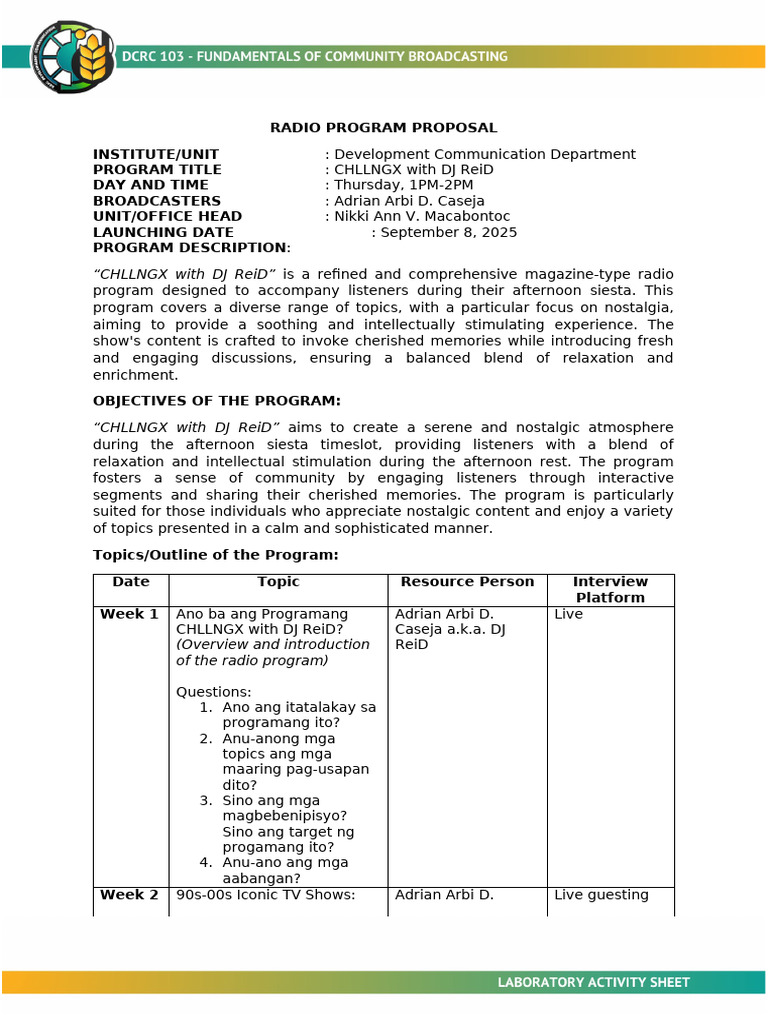 DCRC 103 Lab Radio Program Proposal | PDF