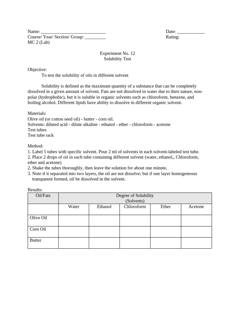 Experiment No. 12. Solubility Test | PDF