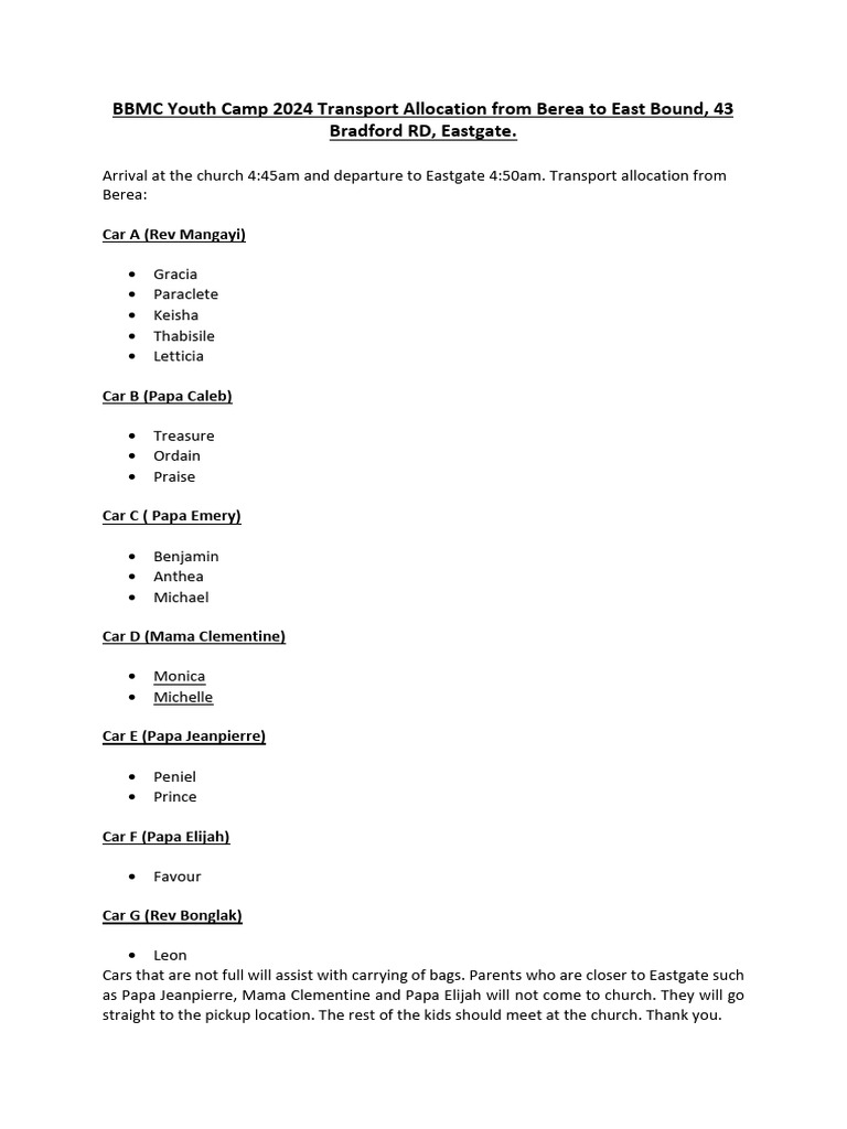 BBMC Youth Camp 2024 Transport Allocation From Berea To Eastgate Mall | PDF