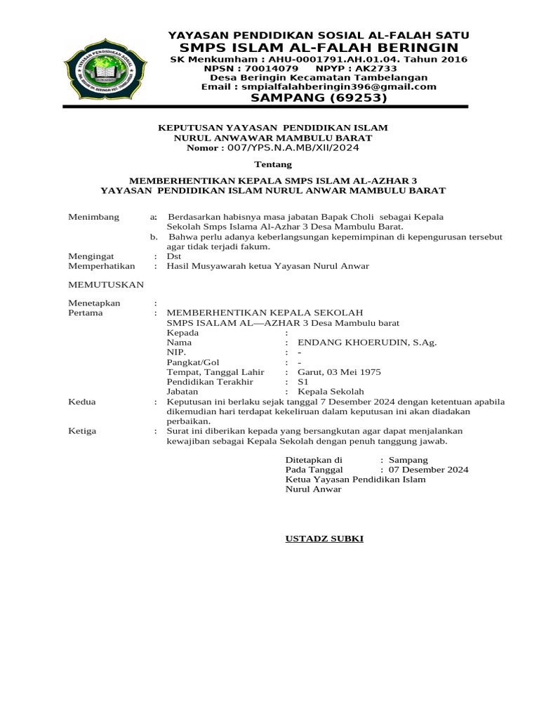 SK Pemberhentian Kepala Sekolah | PDF