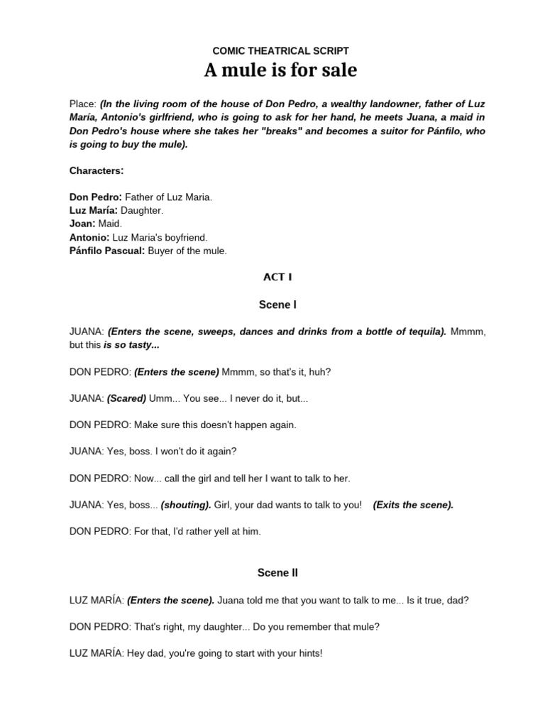 Comedy Play Script: A Mule For Sale | PDF