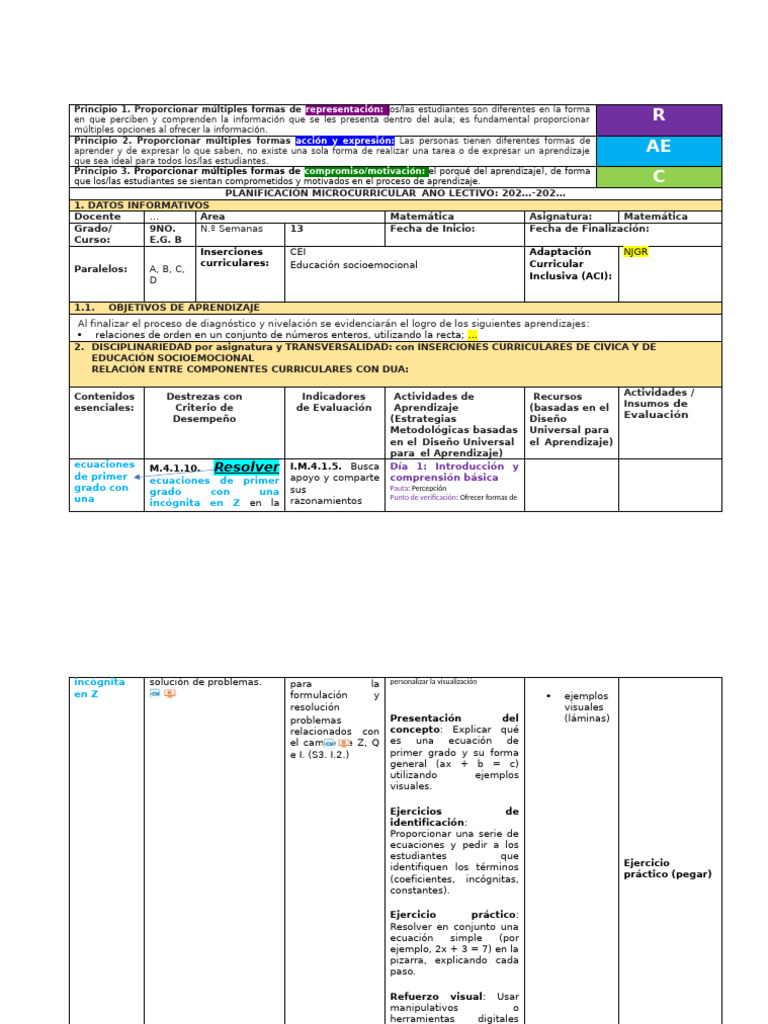 Planificación Microcurricular Con Enfoque DUA Inserciones Curriculares RGC PC 240924vfmpcc | PDF ...