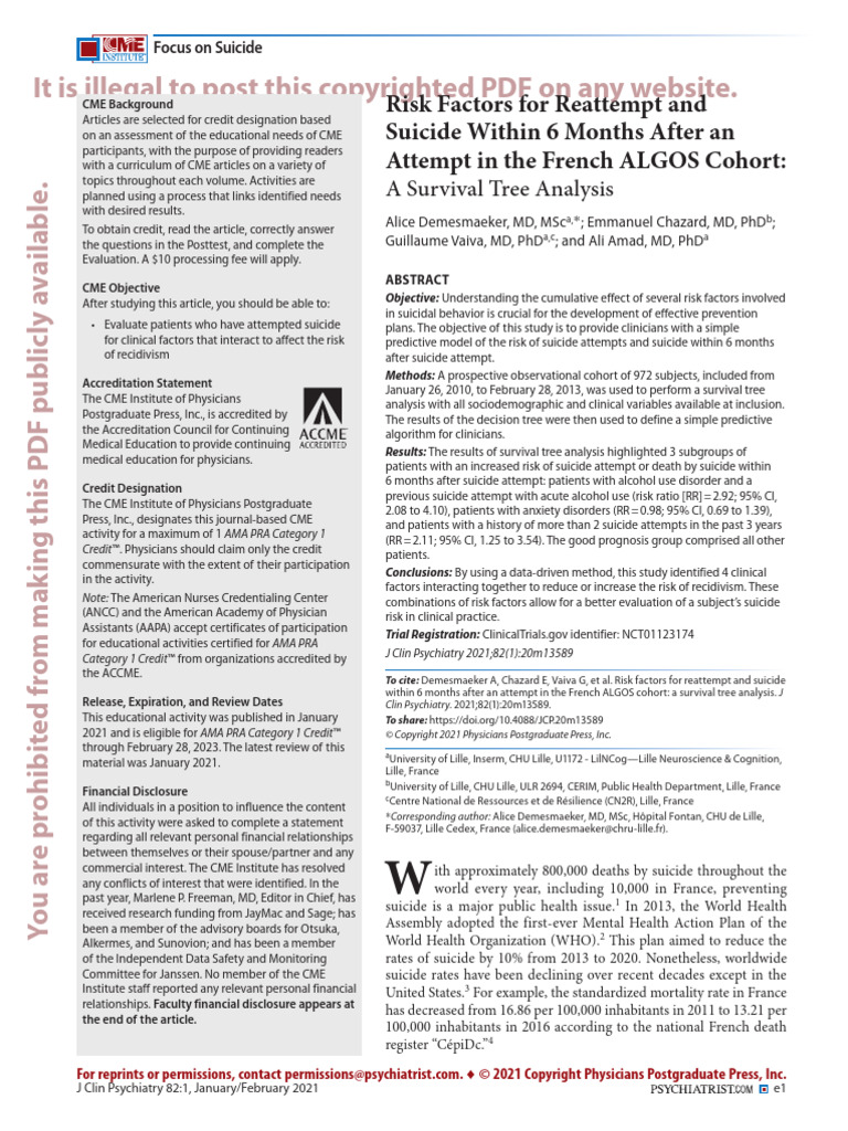 Risk Factors For Reattempt and Suicide Within 6 Months After An Attempt ...