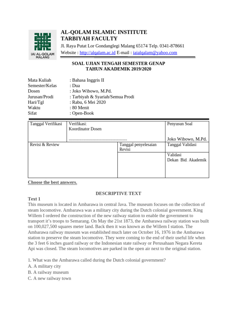 UTS Bahasa Inggris PBA II Advanced A IIQ Al Qolam Mei 2020 | PDF | Formaldehyde | Komodo Dragon