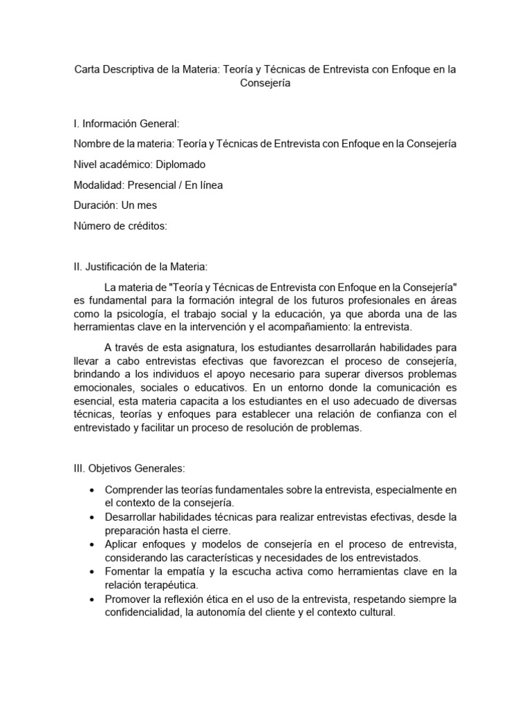 Carta Descriptiva de Teoria y Técnicas de Entrevista | PDF | Terapia de ...