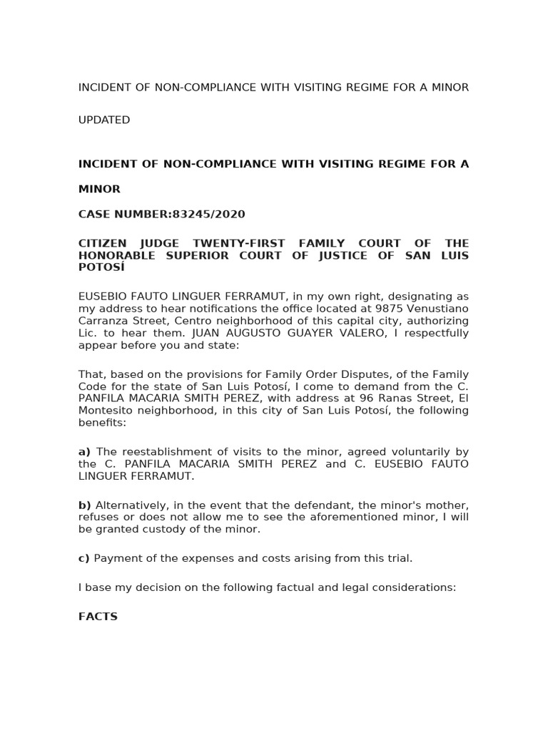 Incident of Non-Compliance With Visitation Regime For A Minor Updated ...