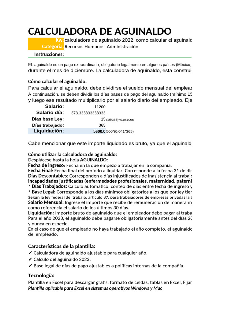 Calculadora de Aguinaldo 2023 (Mexico) | PDF | Salario | Microsoft Excel