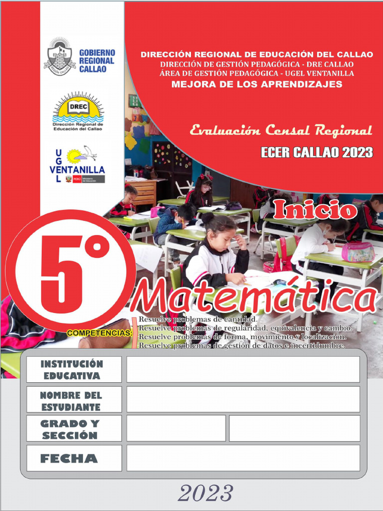 Prueba 5° Grado - Matemática - Ecer de Inicio 2023 Revisado | PDF