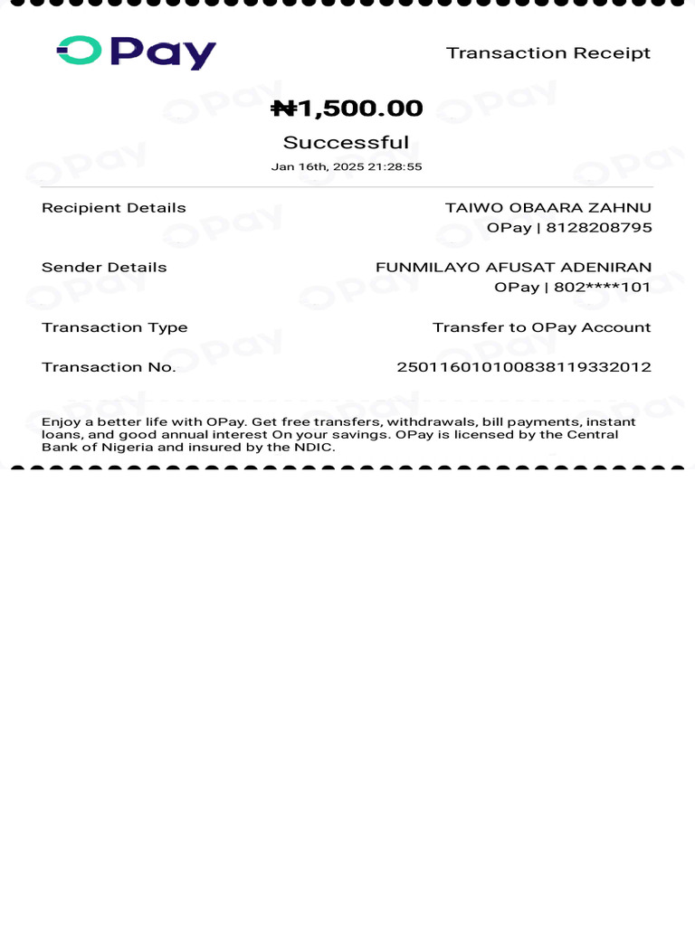 OPay Transaction Receipt - Jan 2025 | PDF